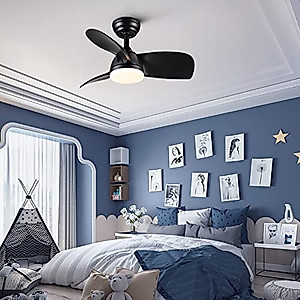 IQCSXLQ Small Black Ceiling Fan with Light and Remote, Modern Low Profile Ceiling Fan with Lights, 3 Blade Propeller Ceiling Fan with LED Light for Bedroom Living Room Kitchen Proch(28 Inch, Black)