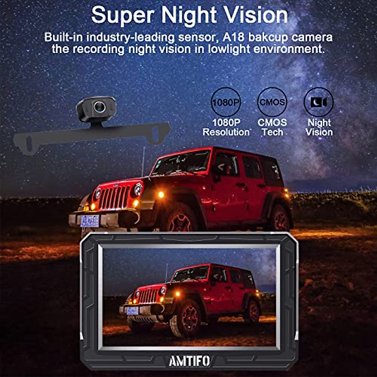 AMTIFO Wireless Backup Camera HD 1080P Car Truck Bluetooth Rear View 4.3 Inch Monitor System License Plate Back Cam Super Night Vision Digital Stable Signal A18