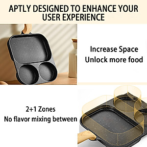 JUSTUP Nonstick Egg Frying Pan, 3-in-1 Nonstick Pan Divided Grill Frying Pan, Heat Resistant Handle 3 Section Skillet Mini Pancake Pan, Cooking Pan for Breakfast, Egg, Bacon and Burgers (Black)