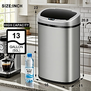Stainless Steel 13 Gallon Touchless Trash Can with Lid, Automatic Kitchen Smart Motion Sensor Trash Garbage Bin, Anti-Fingerprint Mute Designed Trash Bin for Kitchen Living Room Office (Silver)