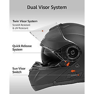 YEMA Modular Motorcycle Helmets, DOT Approved Full Face Motorcycle Helmet with Flip Up Dual Visor, Helmets for Adults Motorcycle Men Women Helmets for Street Scooter ATV E-bike - YM-926 Black