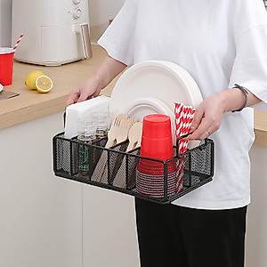 Remittur Paper Plate Dispenser with Handle, Metal Paper Plate Holders for Kitchen Counter, Utensil Holder Organizer with 6 Compartments, Silverware Holder Caddy for Cup Fork Spoon Napkin Party Camping