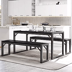 IMUsee 3-Piece 47.2" Dining Table Set for 4-6,Heavy Duty Kitchen Table with Metal Frame and Wood Board, Kitchen & Dining Room Table Set with Benches, Space-Saving Dinette for Small Space,Grey&Black