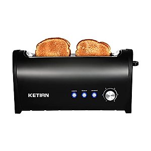 Long Slot Toaster, KETIAN 2 Slice 1.65'' Extra Wide Slot Stainless Steel Toaster Single Slot Slim Bread Toasters,Reheat Defrost Cancel Functions,6 Shade Settings,Removable Crumb Tray,Matte Black