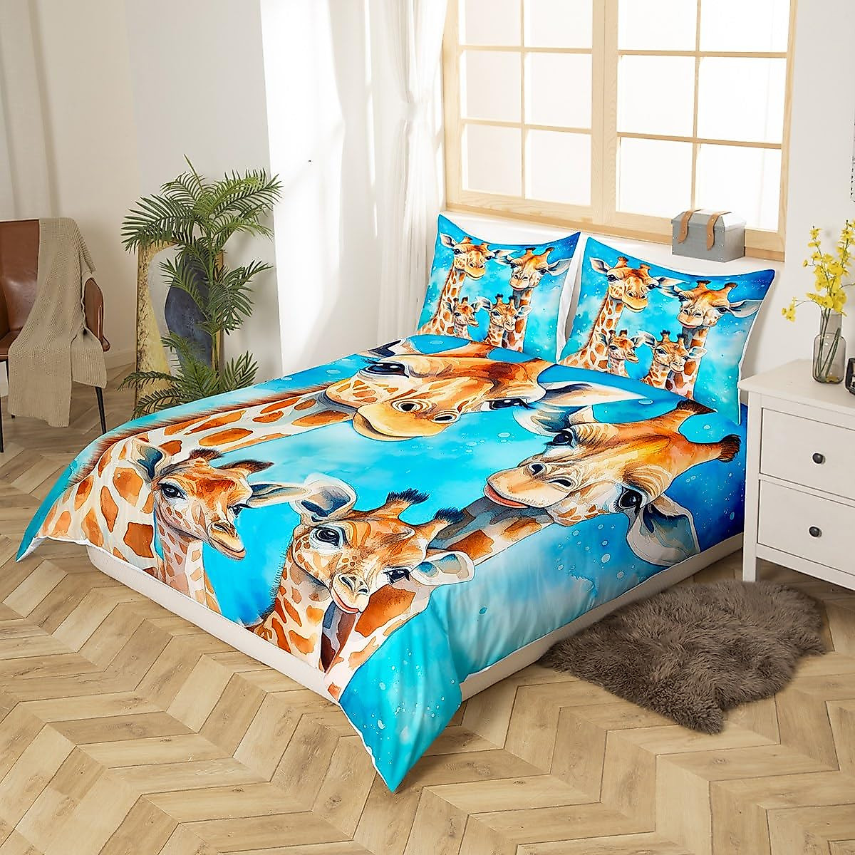 Manfei Giraffe Kids Duvet Cover Set Twin Size, Cute Giraffe Family Comforter Cover, Cartoon Animal Theme Bedding Set for Boys Girls Adults Bedroom Decor, Lightweight Bedspread Cover, 1 Pillowcase