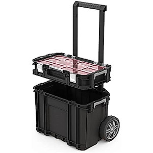 Keter Mobile Hawk Cart and Stackable Tool Box System and Organizer with Telescopic Comfort Grip Handle - Perfect Organization and Storage Chest for Power Drill, Tape Measure, and Small Parts