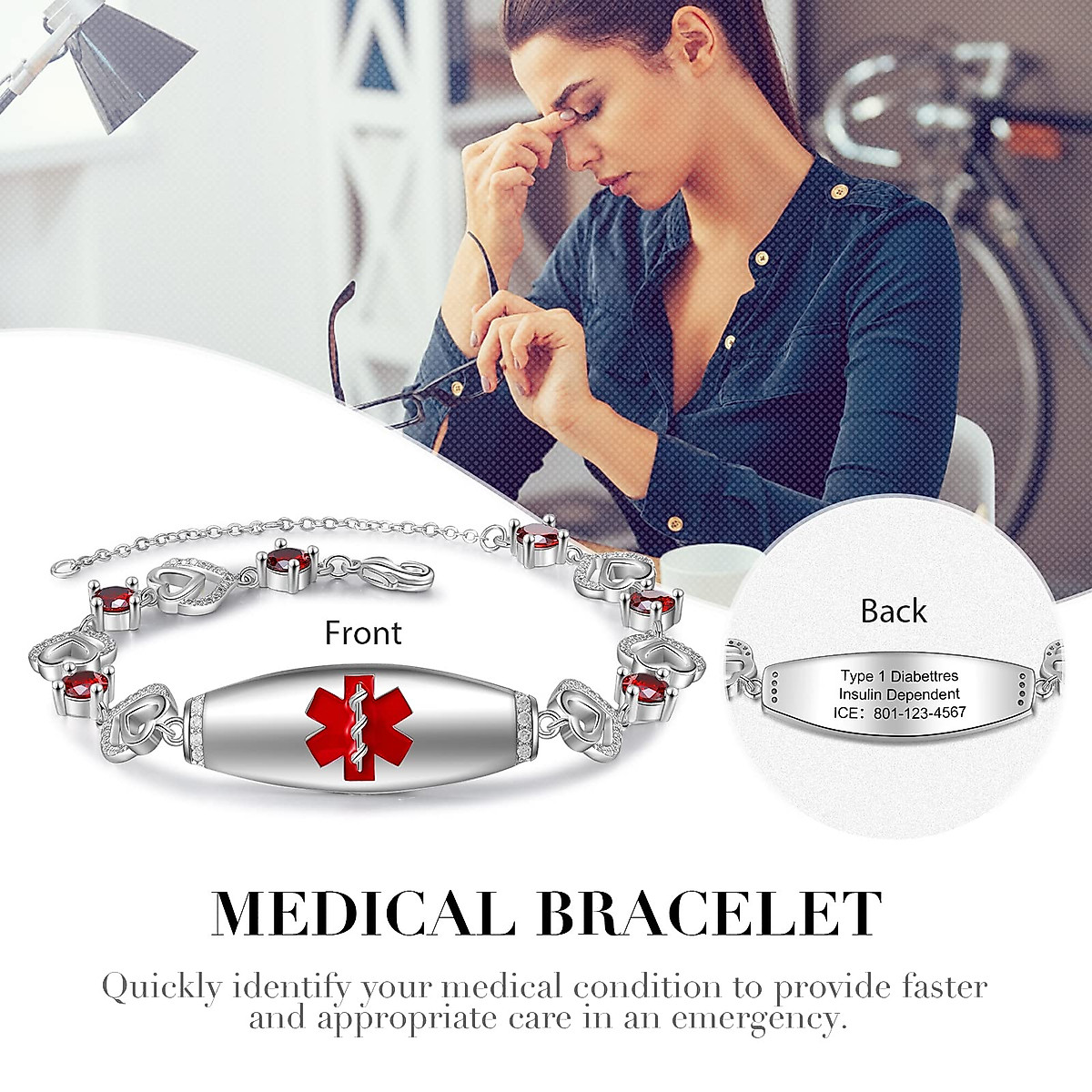 LanM Medical Alert Bracelets for Women Emergency Alert ID Bracelets for Girls Adjustable Medical Alert Bracelet for Mother Wife Grandmo Red