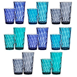 US Acrylic Optix 16-piece Plastic Tumblers in 4 Coastal Colors | 8 each: 14-ounce Rocks and 20-ounce Water Drinking Cups | Reusable, BPA-free, Made in the USA, Top-rack Dishwasher Safe