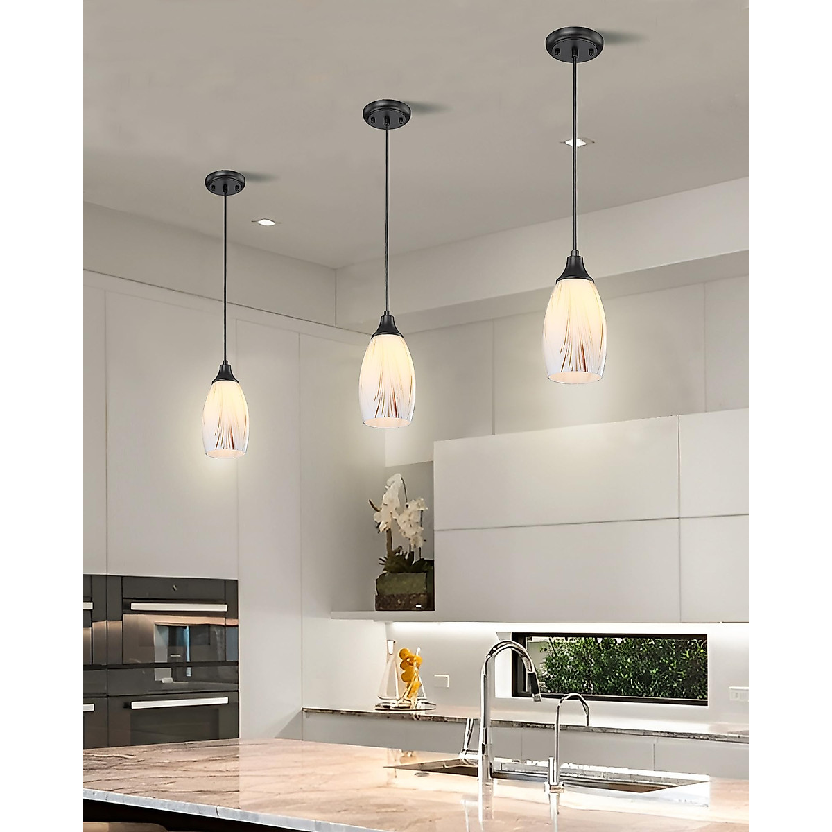 karyfine Mini Glass Pendant Light Kitchen Island Oval Ceiling Hanging lamp Shade with Black Matte finish1pack Milk Blown Glas Pendant Lighting Adjustable Cord for Hallway dining room Bathroom