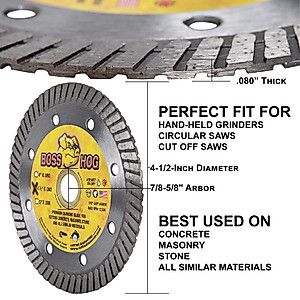Delta Diamond Boss Hog 4 1/2 Inch Turbo Premium Diamond Blade for Masonry, Brick, Block, Pavers, Concrete, Stone, Wet/Dry Cutting, Continuous Rim (4.5")