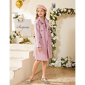GRACE KARIN Kid Dress Coat Lapel Long Winter Pink Coats for Girls Size 8-10 Pockets Belt