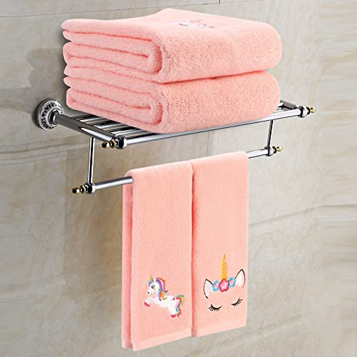 Quera 2 Pack Unicorn Hand Towels 100 Percent Cotton Embroidered Premium Luxury Cute Decor Bathroom Decorative Dish Set for Drying, Cleaning, Cooking,Girls Kids Gift 13.7'' x 29.5'',White,Pink,Rainbow