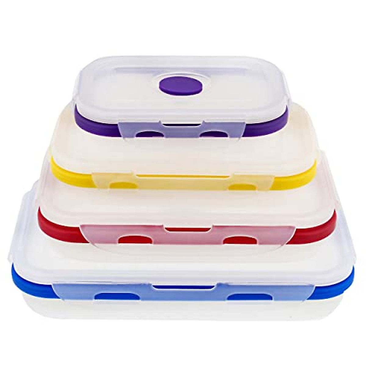 Potted Pans Collapsible Containers with Lids - 4pc Clear Food Silicone Storage Containers with Colorful Venting Lids