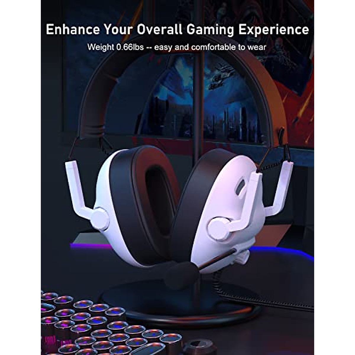 SENZER SG500 Surround Sound Pro Gaming Headset with Noise Cancelling Microphone - Detachable Memory Foam Ear Pads - Portable Foldable Headphones for PC, PS4, PS5, Xbox One, Switch - White