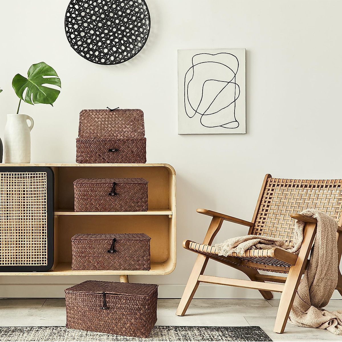 Woanger Set of 4 Seagrass Storage Bins with Lid Wicker Storage Baskets Organizer for Organizing, Woven Bins Home Utility Box for Home Office Supplies(Coffee)