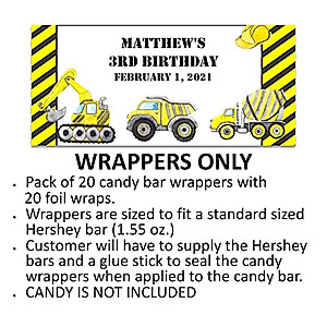 Construction Candy Bar Wrappers for Chocolate Bar, Personalized Party Favors, Boys Birthday, Hershey Bar Labels, Pack of 20