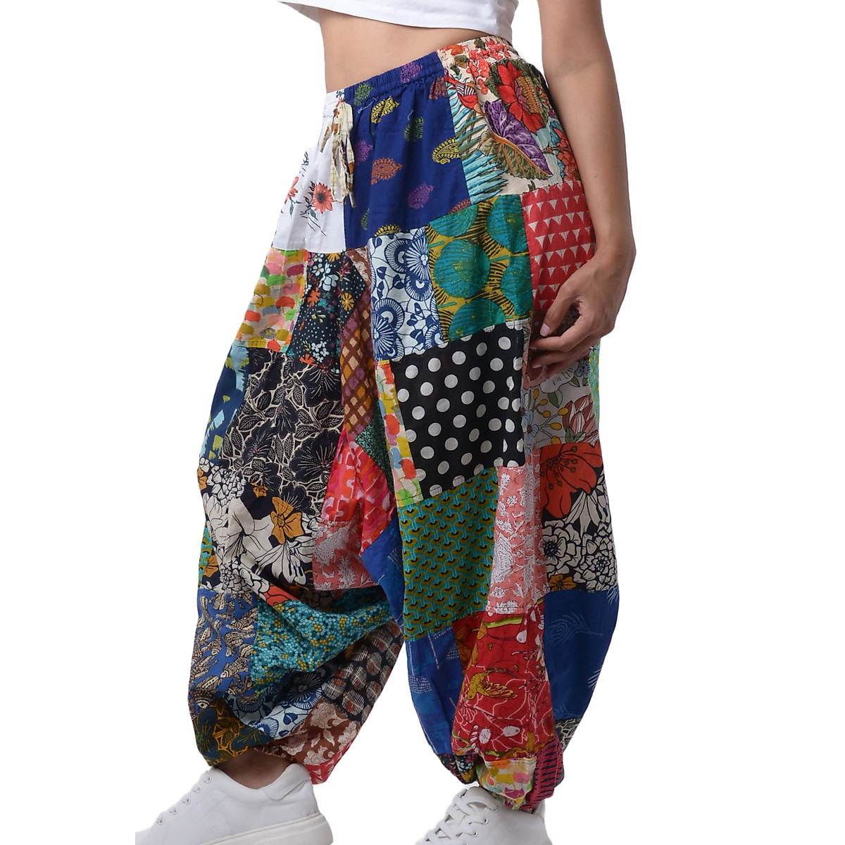 PEACH PEBBLE Women's Harem Pants 100% Cotton, Bohemian Yoga Boho Hippie Aladdin Colorful Patchwork Harem Pants, Soft Cotton Casual Fashion Women