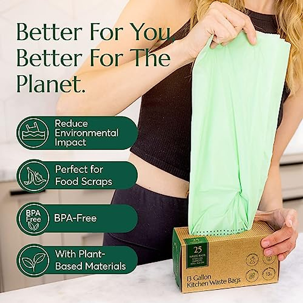 Cleanomic Compostable* Trash Bags with Drawstring (13 Gallon, 25 Units, Tall), BPI Certified For Kitchen Compost