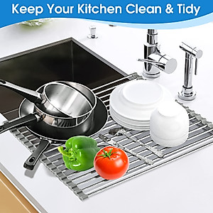 AOUAO Roll Up Dish Drying Rack,Multipurpose Stainless Steel Over The Sink Drainer Rack,Kitchen Portable Dish Rack (Round)