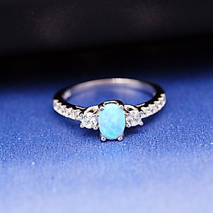 Uloveido 3 Stone Accent Wedding Ring Oval Cut Lab Blue Fire Opal Round CZ 925 Sterling Silver Engagement Jewelry for BFF 2.16g Size 6 JZ104