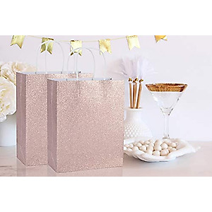 UNIQOOO 12 Pack 9.5" Rose Gold Pink Glitter Kraft Paper Gift Bags For Wedding | Thank You Bag Favor Bags For Bridal Shower, Baby Shower, Valentine's Day, Holidays, Anniversaries, Parties