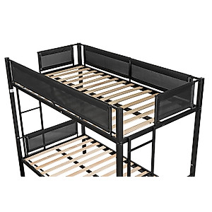Harper & Bright Designs Metal Bunk Bed Twin Over Twin with Trundle, Heavy Duty Bunk Beds with Texteline Guardrails and Wood Slats, Twin Bunk Bed for Kids Boys Girls Dormitory Bedroom, Black
