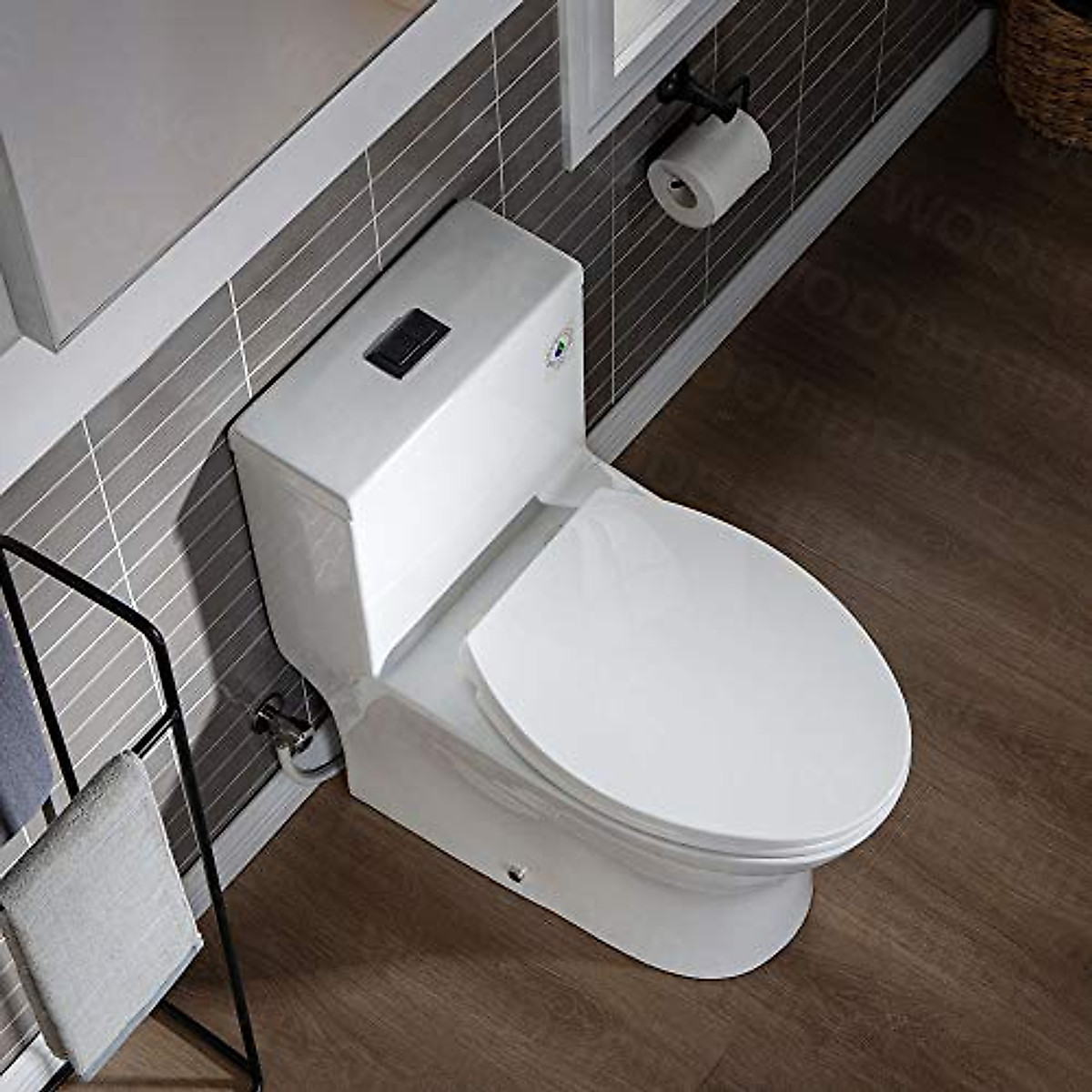 WOODBRIDGEE Modern Elongated One piece Toilet Dual flush 1.0/1.6 GPF,with Soft Closing Seat,1000 Gram MaP Flushing Score Toilet with Oil Rubbed Bronze Button,B0750-ORB,White