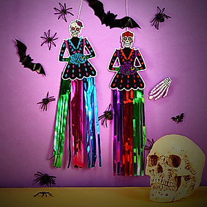 Day of the Dead Sugar Skull Hanging Decorations 3 Pieces Dia De Los Muertos Party Decorations Skeleton Sugar Skull Bride Decor with Tassels, Glue and Ropes for Halloween DIY Craft Party Supplies