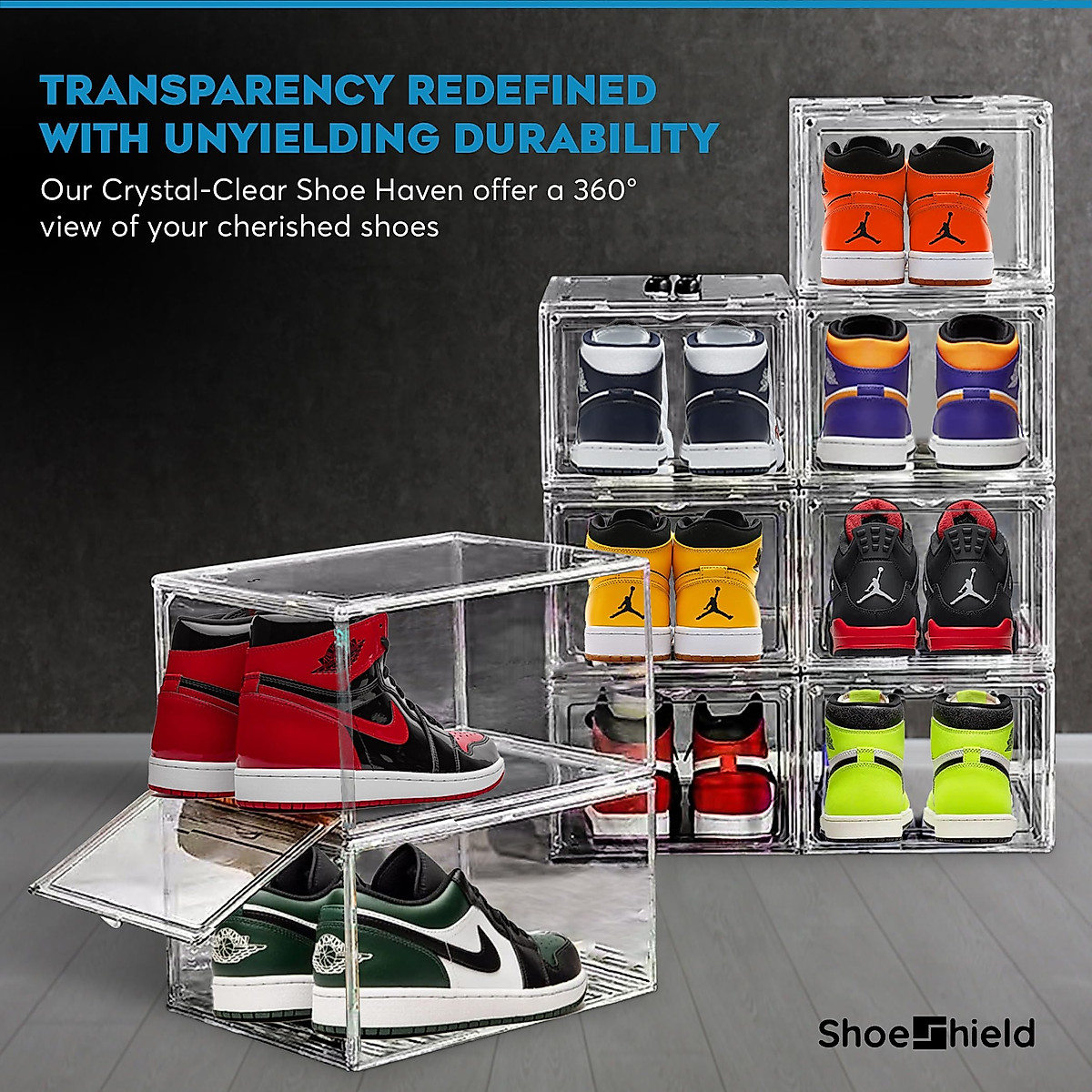 ShoeShield Ultra All Clear Shoe Boxes Plastic Stackable Professional Grade Shoe Display Case with Magnetic Front Drop Door Open Easy Assembly Modern Shoe Sneaker Display Case Fits US Size 14