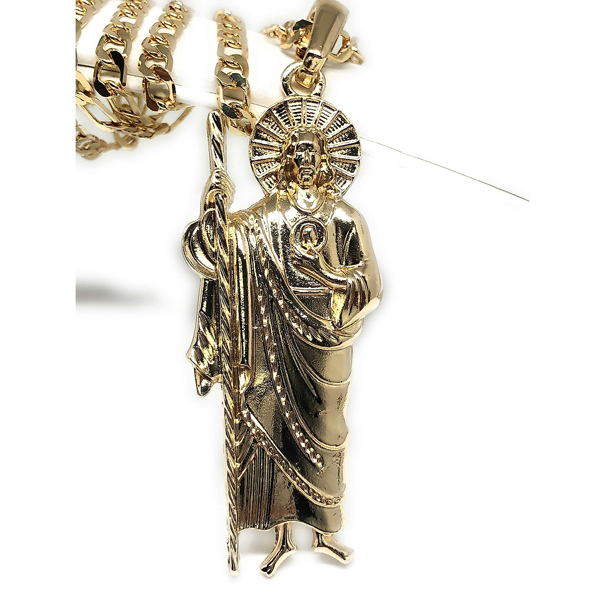 Fran & Co. Jewelry Gold Plated Big Saint Jude Pendant Necklace Figaro 26" San Judas Tadeo Medalla XL Cadena Oro