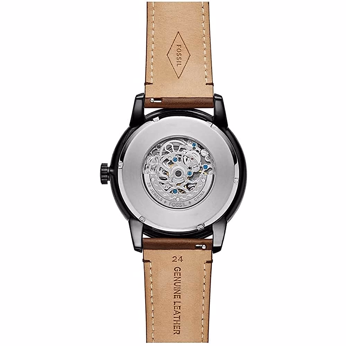 Fossil Men's Townsman Automatic Stainless Steel and Leather Three-Hand Skeleton Watch, Color: Black, Cognac (Model: ME3098)