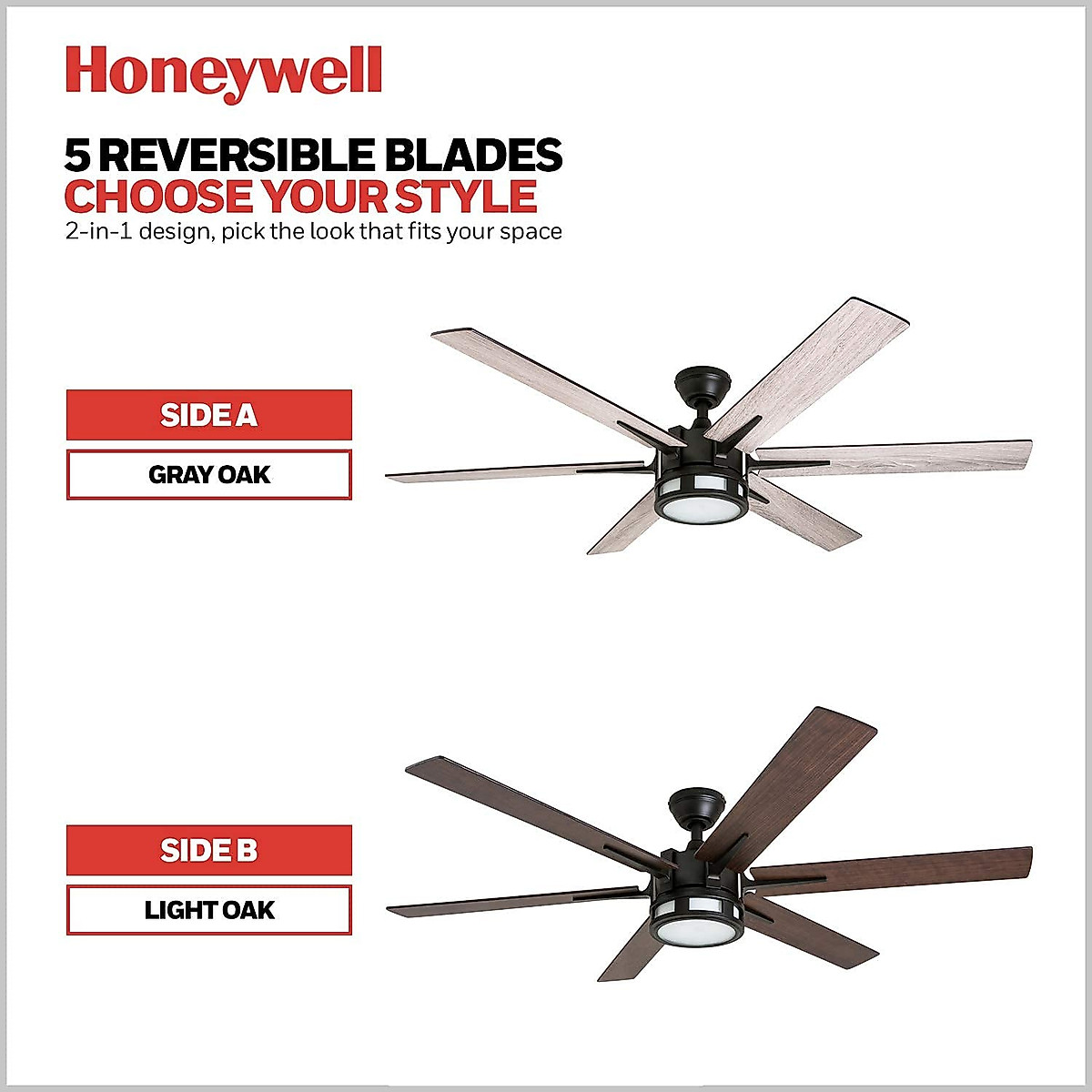 Honeywell Ceiling Fans Kaliza, 56 Inch Indoor Modern LED Ceiling Fan with Light and Remote Control, Dual Mounting Options, 6 Blades with Dual Finish, Reversible Motor - 51036-01 - (Bronze)