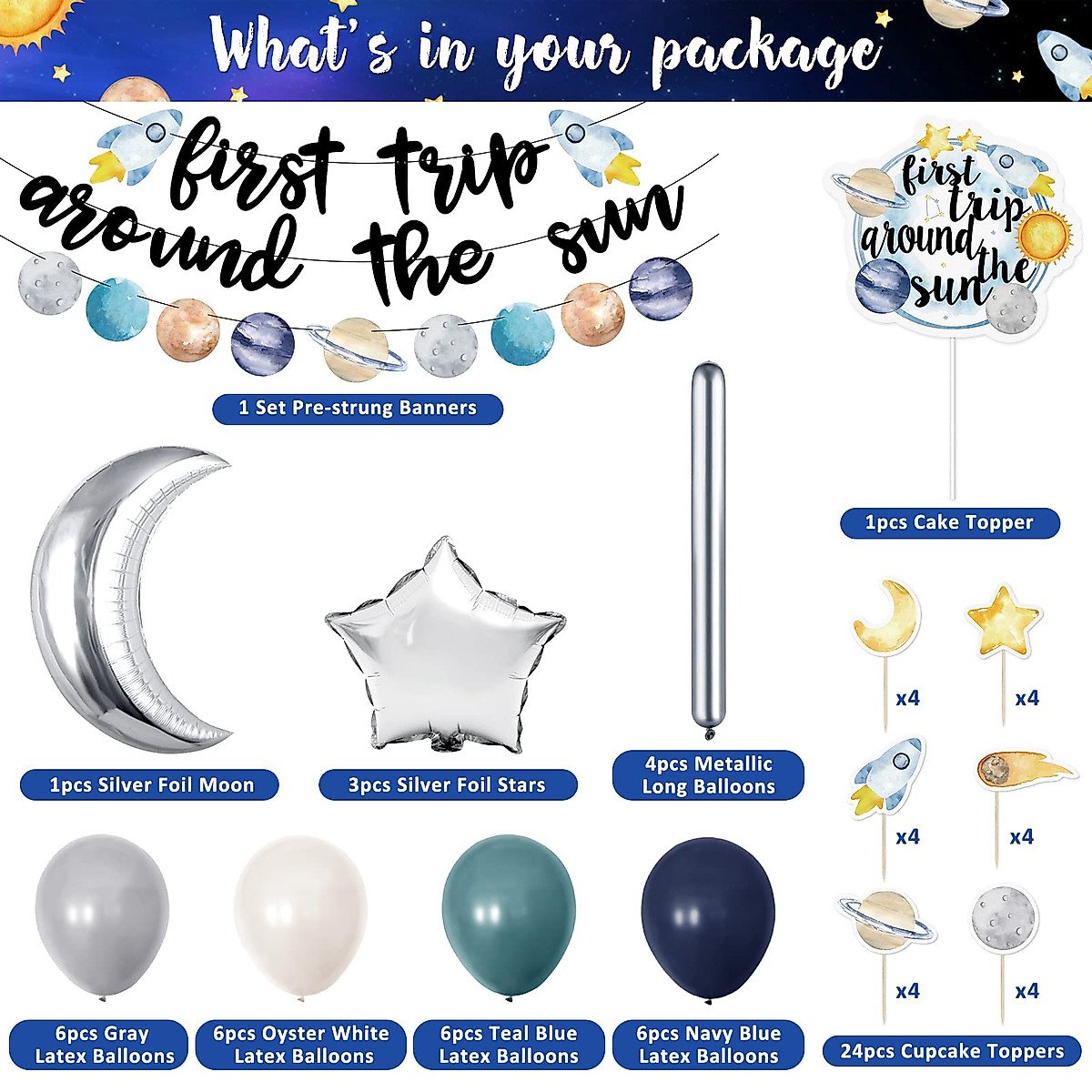 First trip Around the Sun Birthday Decorations -58pcs Outer Space 1st Birthday Banner First Trip Around the Sun Cake Toppers Solar System Party Balloons for Galaxy Party Supplies set