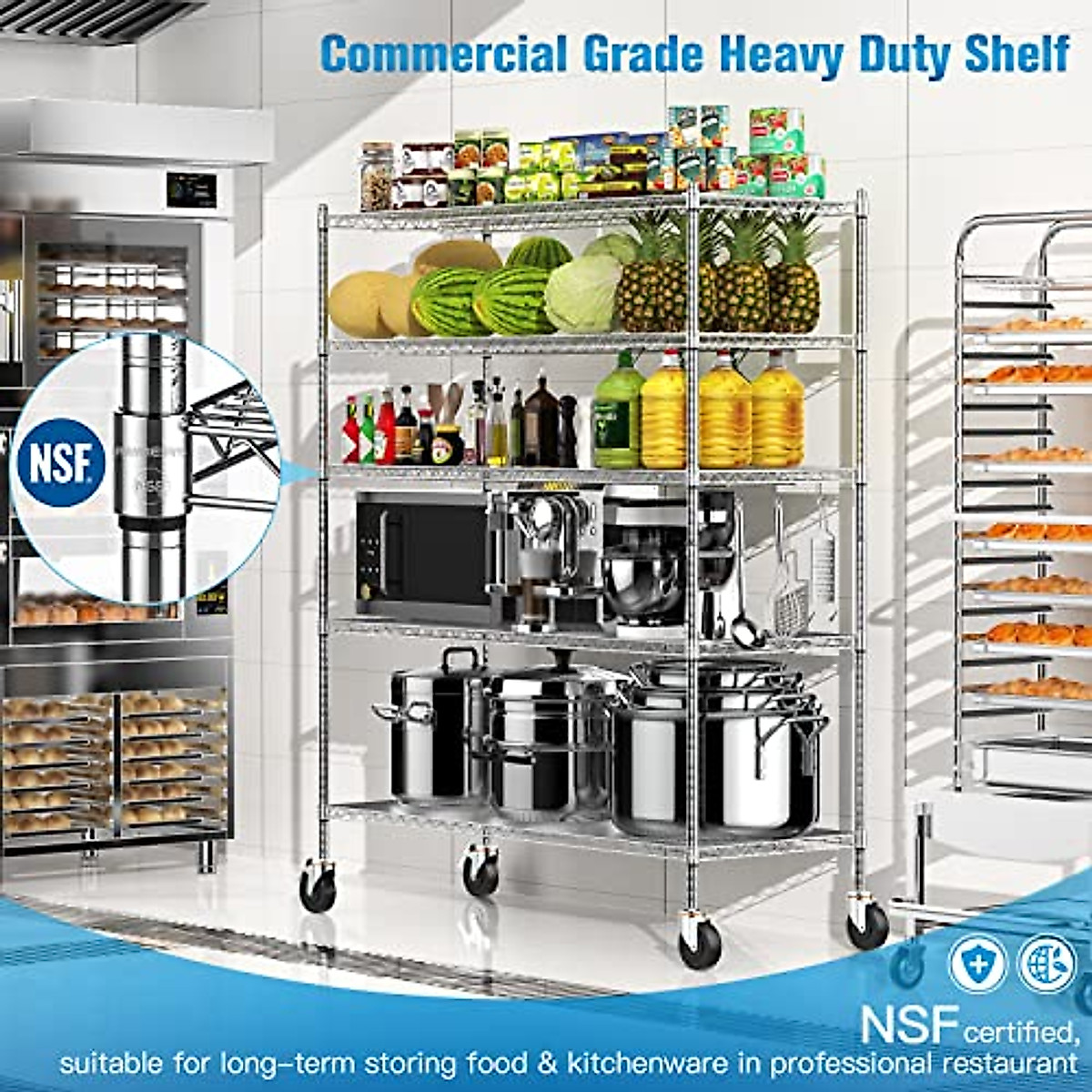 Raynesys Wire Shelving with Wheels, 3000Lbs Heavy Duty NSF-Certified Metal Storage Shelf, Commercial-Grade Adjustable Utility Rack with Shelf Liners Set of 5, 5-Tier 60x24x72 in, Chrome
