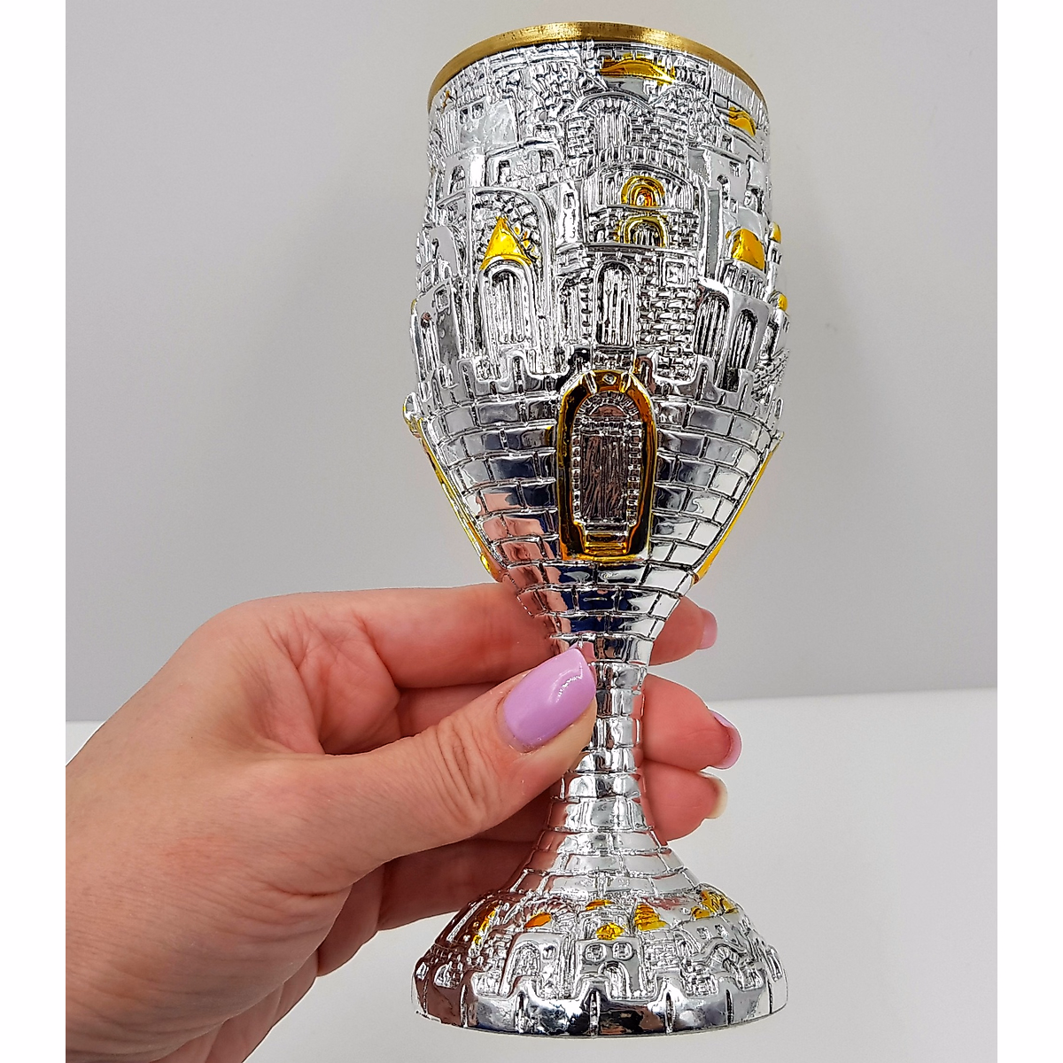 Silver Plated KIDDUSH CUP with Matching Tray Jewish Shabbat Set Jerusalem Of Gold Judaica Gift Large