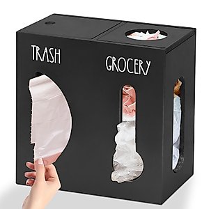 2 in 1 Grocery Bag Holder Trash Bag Dispenser, Wood Trash Bag Holder, Garbage Bag Holder Wall Mount, Grocery Bag Dispenser for Plastic Bags, Kitchen Cabinet Under Sink Organizers and Storage (Black)