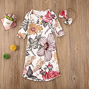 Mubineo Newborn Infant Baby Girl Boy Floral Print Cotton Sleeper Gown with Headband Outfits (X-a Beige, 0-3 Months)