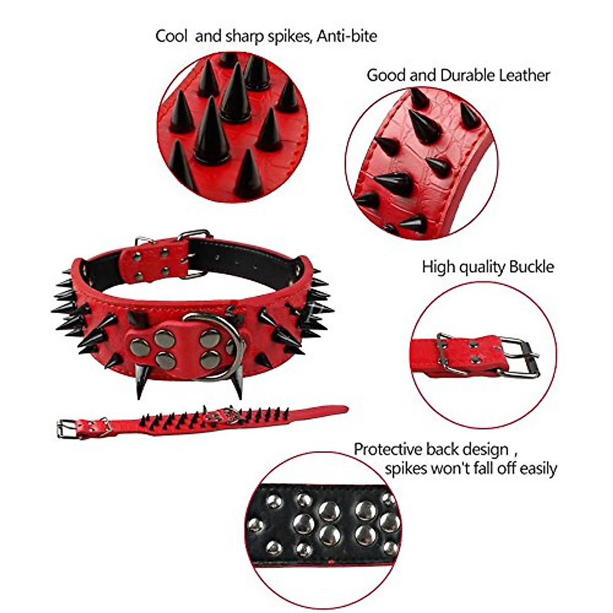 Benala Pet Dog Collar Adjustable Harness Spiked Studded Faux Leather Punk Rivet Dog Collar Pu Sharp Spikes Dog Supplies,Red,M