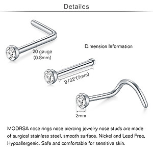 MODRSA Nose Rings Nose Piercings Hoop Nose Rings for Women Stainless Steel Silver Nose Rings Studs 20g