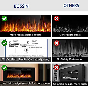 BOSSIN 60 inch Ultra-Thin Silence Linear Electric Fireplace, Recessed Wall Mounted Fireplace, Fit for 2 x 4 and 2 x 6 Stud, 12 Adjustable Flame Color & Speed,Touch Screen Remote Control with 8h Timer