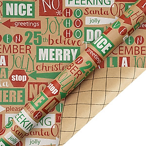 RUSPEPA Christmas Wrapping Paper, Kraft Paper - Snowflakes, Red and Green Stripe and Christmas Greetings - 4 Rolls - 30 inches x 10 feet per Roll