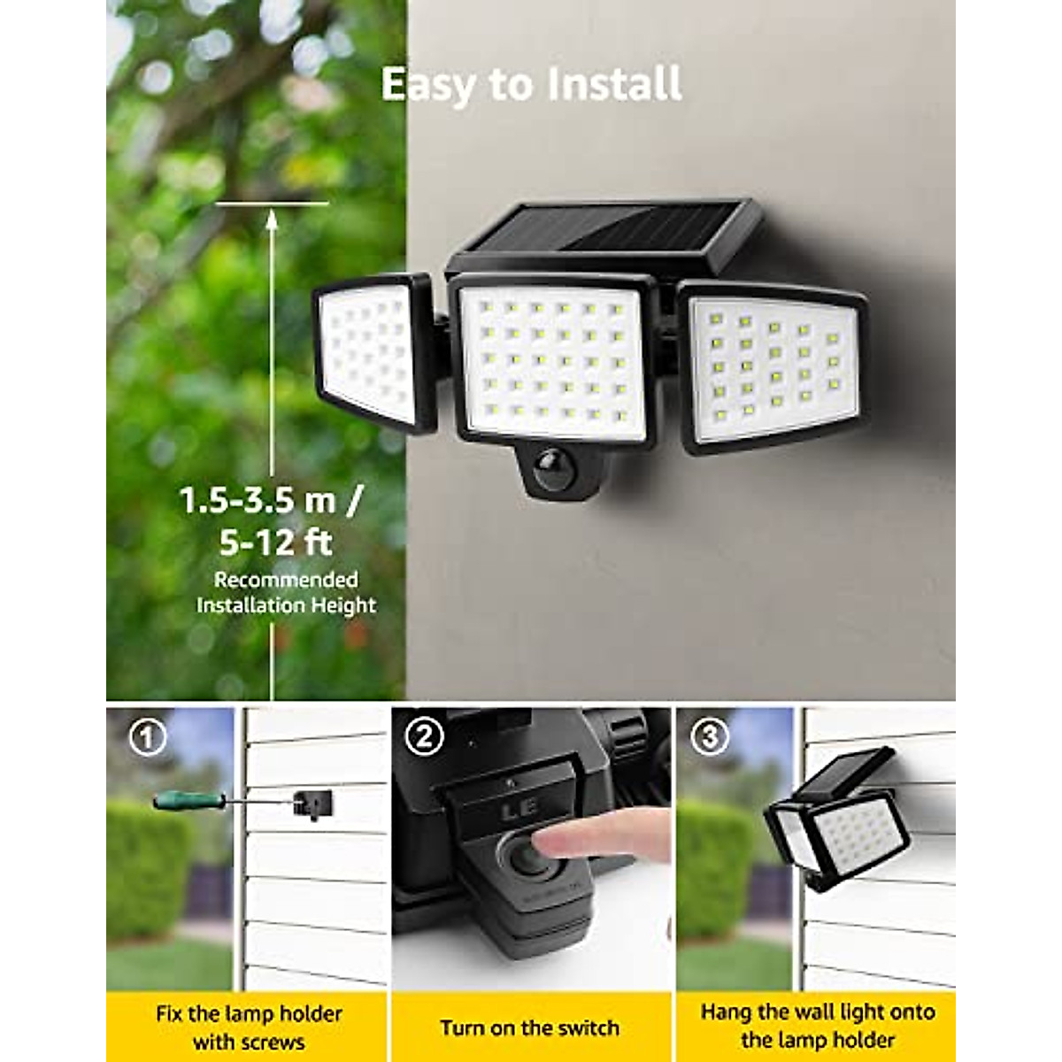 LE Solar Lights for Outside, Motion Activated Security Lights, WL4000 High Brightness, 3 Adjustable Heads 270° Wide Lighting Angle, IP65 Waterproof, Wireless Wall Lamp for Porch Yard Garage