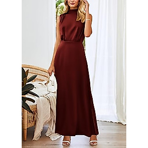 PRETTYGARDEN Women's Long Formal Satin Dress Mock Neck Sleeveless Side Slit Flowy Maxi Tank Dresses (Deep Red,Medium)