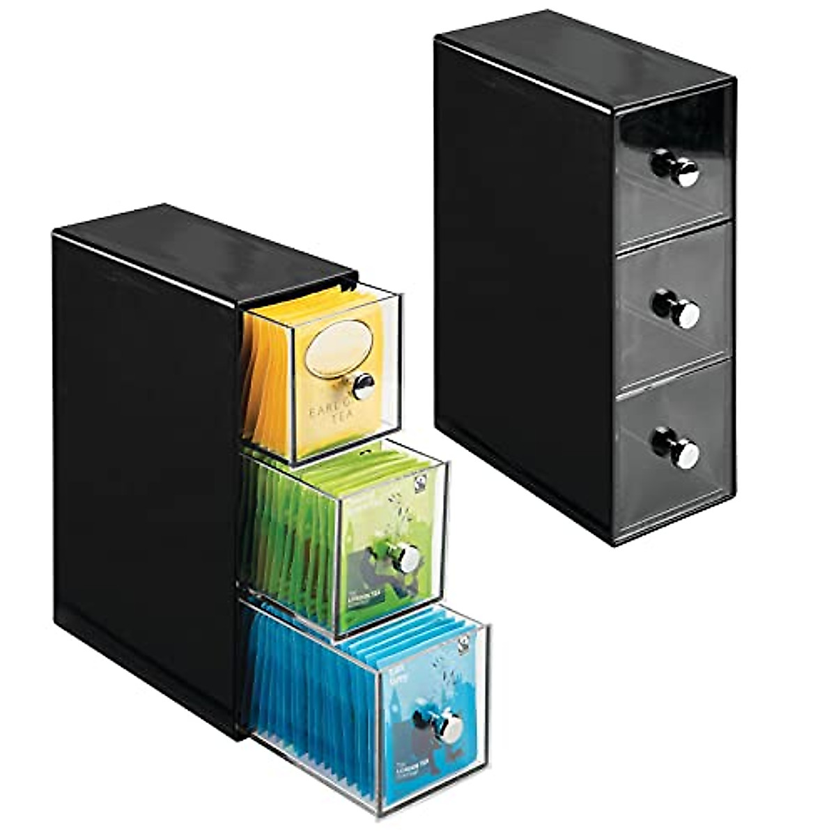 mDesign Plastic Kitchen Pantry Stackable Storage Organizer Container Station, 3 Drawers for Cabinet, Countertop, Holds Coffee, Tea, Sugar Packets, Creamers, Lumiere Collection, 2 Pack - Black/Clear