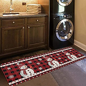 Kitchen Mat Rug 1 PCS Christmas Tres Snowman Snowflake Black and Red Plaid Buffalo Runner Rug Anti-Fatigue Comfort Memory Foam Standing Mat Non-Slip Floor Door Mat for Bathroom Bedroom 18x47in
