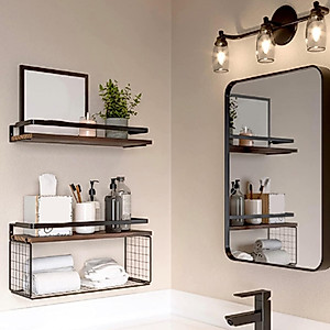 2Pcs Wall Mount Wooden Floating Shelves Metal Wire Mesh Basket Large Capacity Bathroom Shelves Over Toilet Storage Holder Organizer Rack for Bathroom, Kitchen, Living Room, Wall Decor Light Brown
