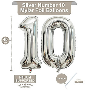 40 Inch Silver 10 Number Balloons Giant Jumbo Huge 10 Foil Mylar Helium Number Digital Balloons Silver Birthday Mylar Digital Balloons 10th Birthday Anniversary Events Party Decorations Supplies