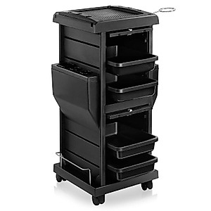 Saloniture Premium Locking Rolling Trolley Cart with Pocket Inserts - Black