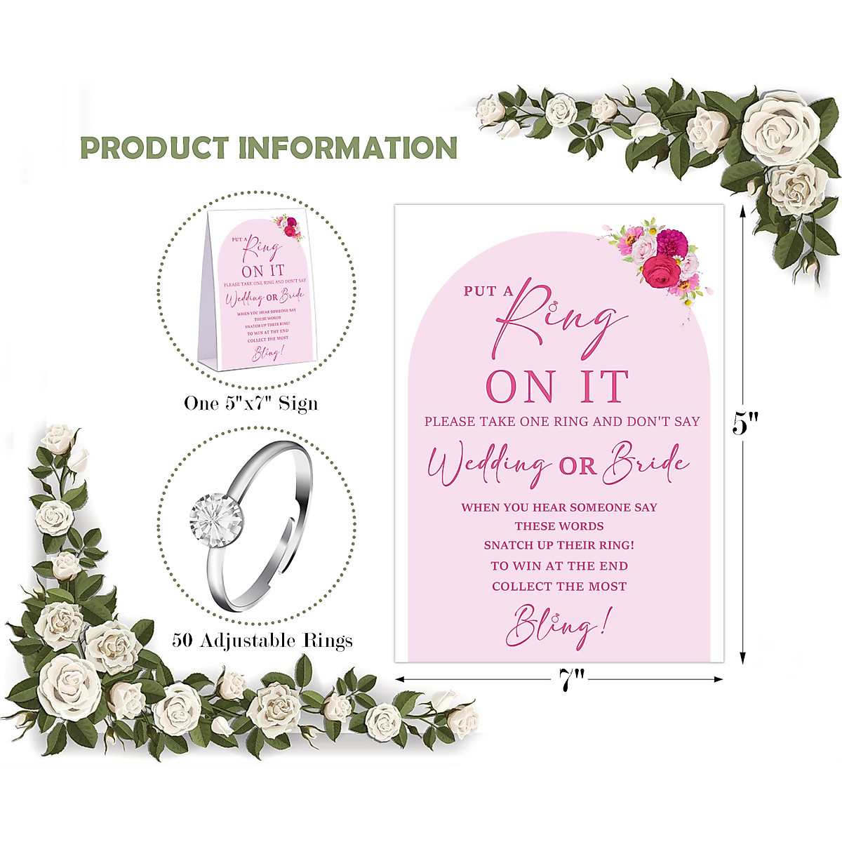 Pink Floral Don't say Bride or Wedding Game, Put a Ring on It Bridal Shower Game with 50 Fake Rings, Modern Bridal Shower Decorations, Wedding Shower or Bachelorette Party Supplies - 05