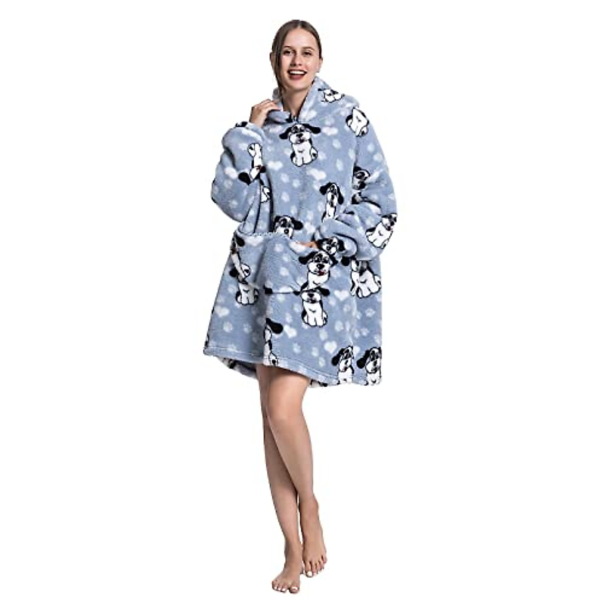 Blanket Hoodie Wearable Oversized Hooded Blanket for Adult Women Men Super Soft Comfortable Warm Flannel Sherpa with Giant Pocket Cute Dogs